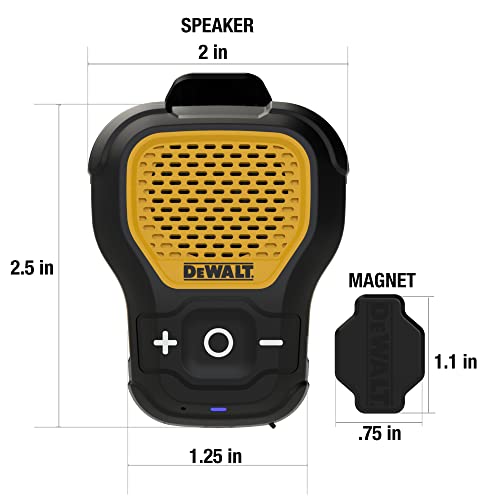 DEWALT Wearable Bluetooth Portable Speaker β Magnetic Clip-On Wireless Bluetooth Speaker β Jobsite Pro Water-Resistant Portable Speaker β Built-in Mic for Hands-Free Music and Calls