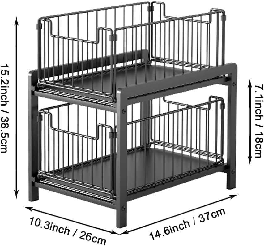 Under Sink Organizer, 2-Tier Cabinet Organizer for Kitchen Bathroom Countertop Organizer with Pull Out Basket Sliding Storage Drawer for Cupboard Cabinet (Black)