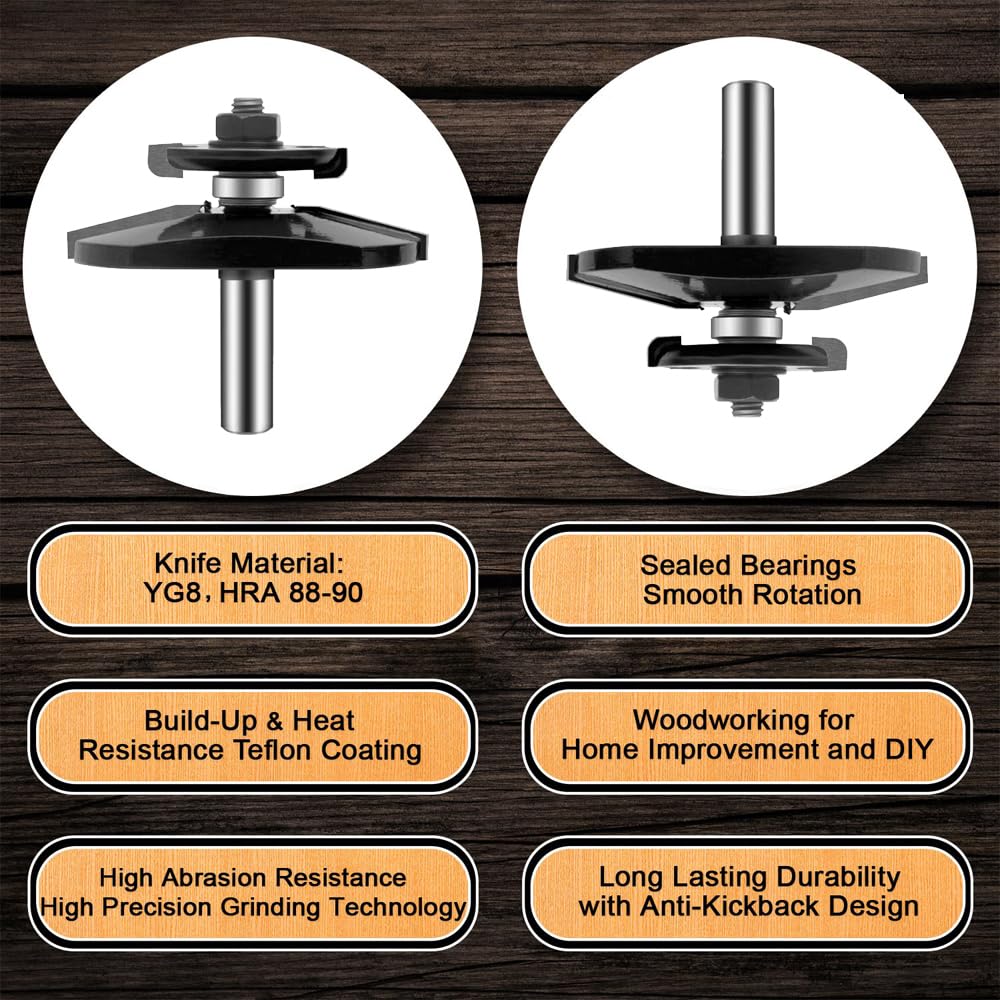 LEATBUY 1/2 Inch Shank Router Bit Set 3 PCS Round Over Raised Panel Cabinet Door Rail and Stile Router Bits, Woodworking Wood Cutter, Wood Groove Tongue Milling Tool(1/2-double)