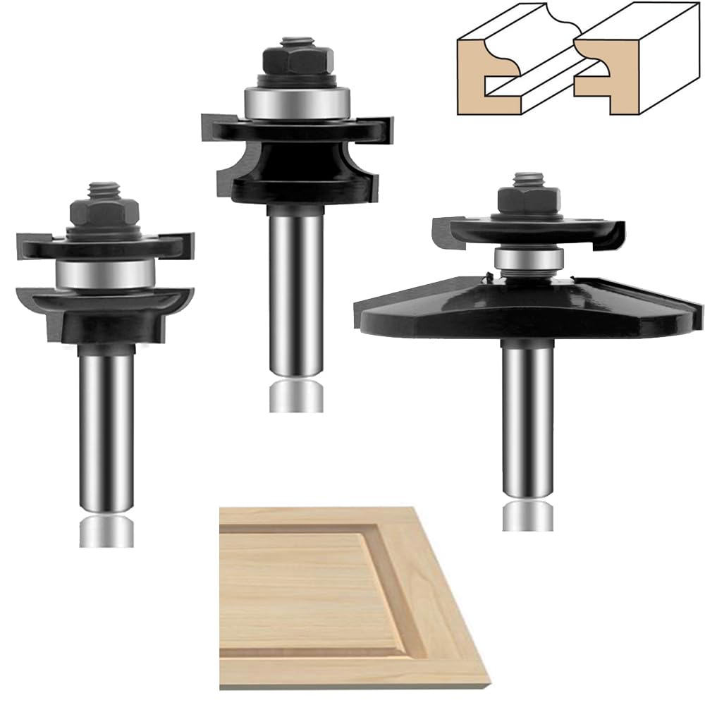 LEATBUY 1/2 Inch Shank Router Bit Set 3 PCS Round Over Raised Panel Cabinet Door Rail and Stile Router Bits, Woodworking Wood Cutter, Wood Groove Tongue Milling Tool(1/2-double)