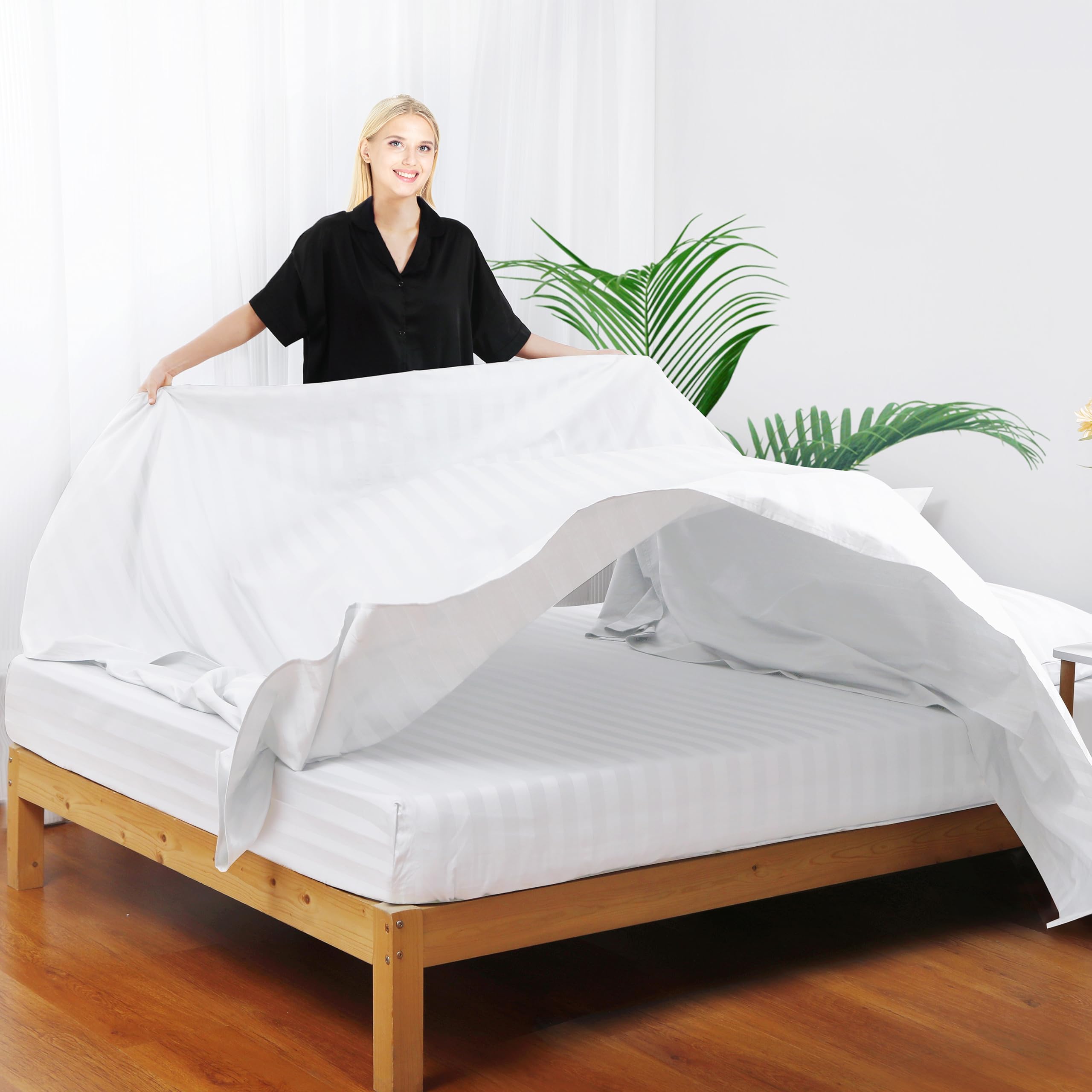 Flat Sheet Only King Size, 400 TC 100% Egyptian Cotton Flat Sheet Striped Satin-White Cotton Top Sheet- Wrinkle, Fade, Stain Resistant (Striped-White, King)
