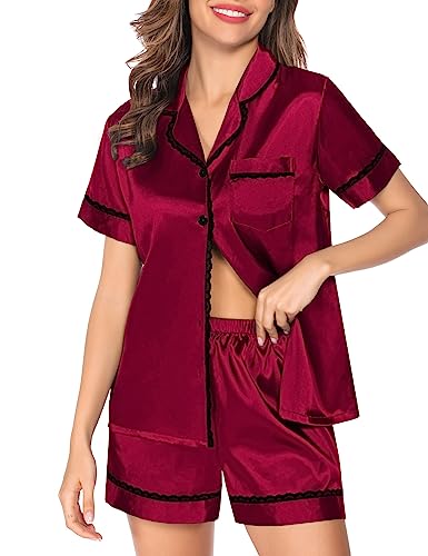 SWOMOG Mother Daughter Matching Pajamas Summer Pajamas for Women Satin Silk Pj 2 Piece Silky Lace Lounge Shorts Pjs Sleepwear Wine Red