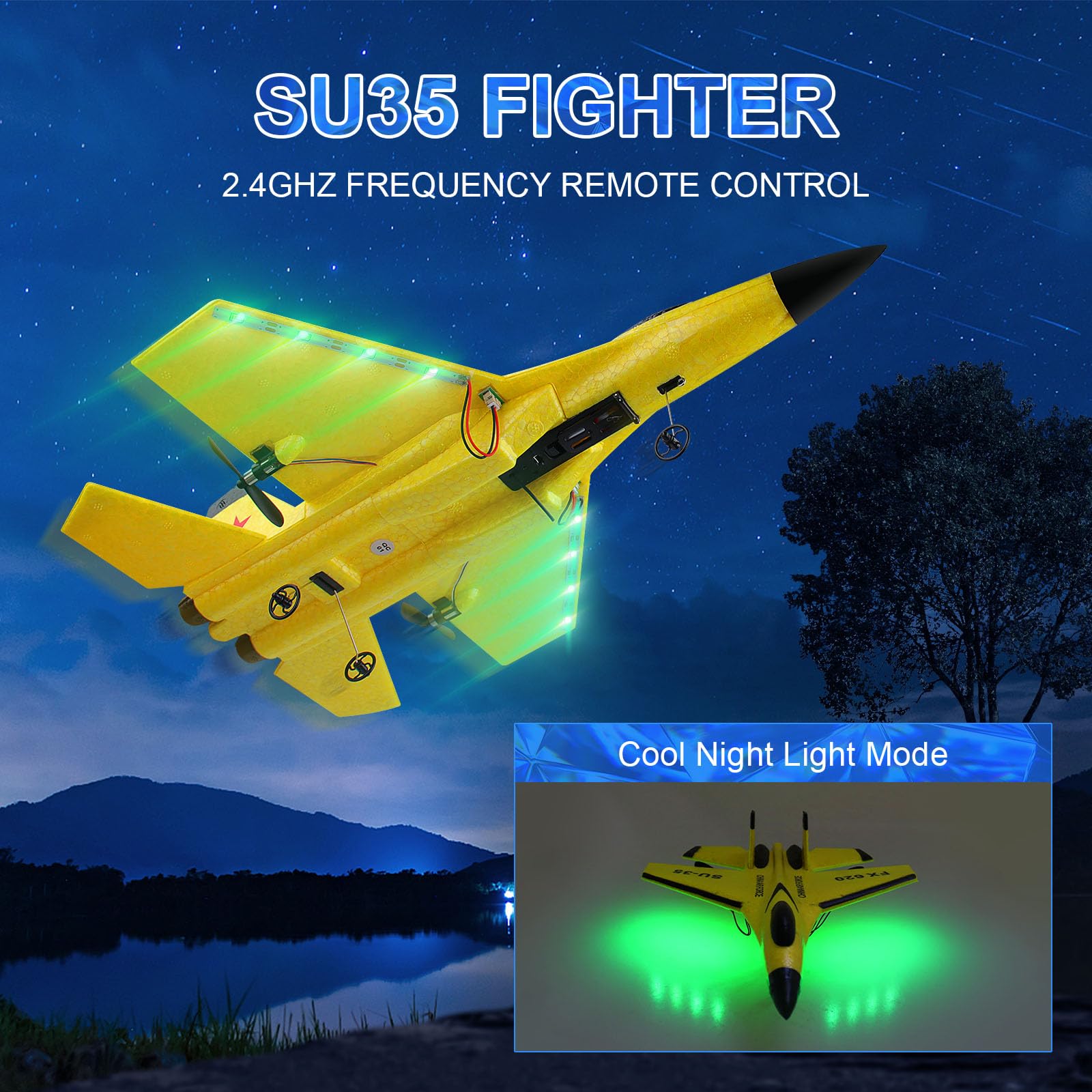 RC Airplane 2CH RC Plane Ready to Fly 2.4GHz Remote Control Plane SU35 RC Jet Easy to Fly Airplane Toys for Boys Gift for Kids Beginners with Night Lights USB Charging(Yellow