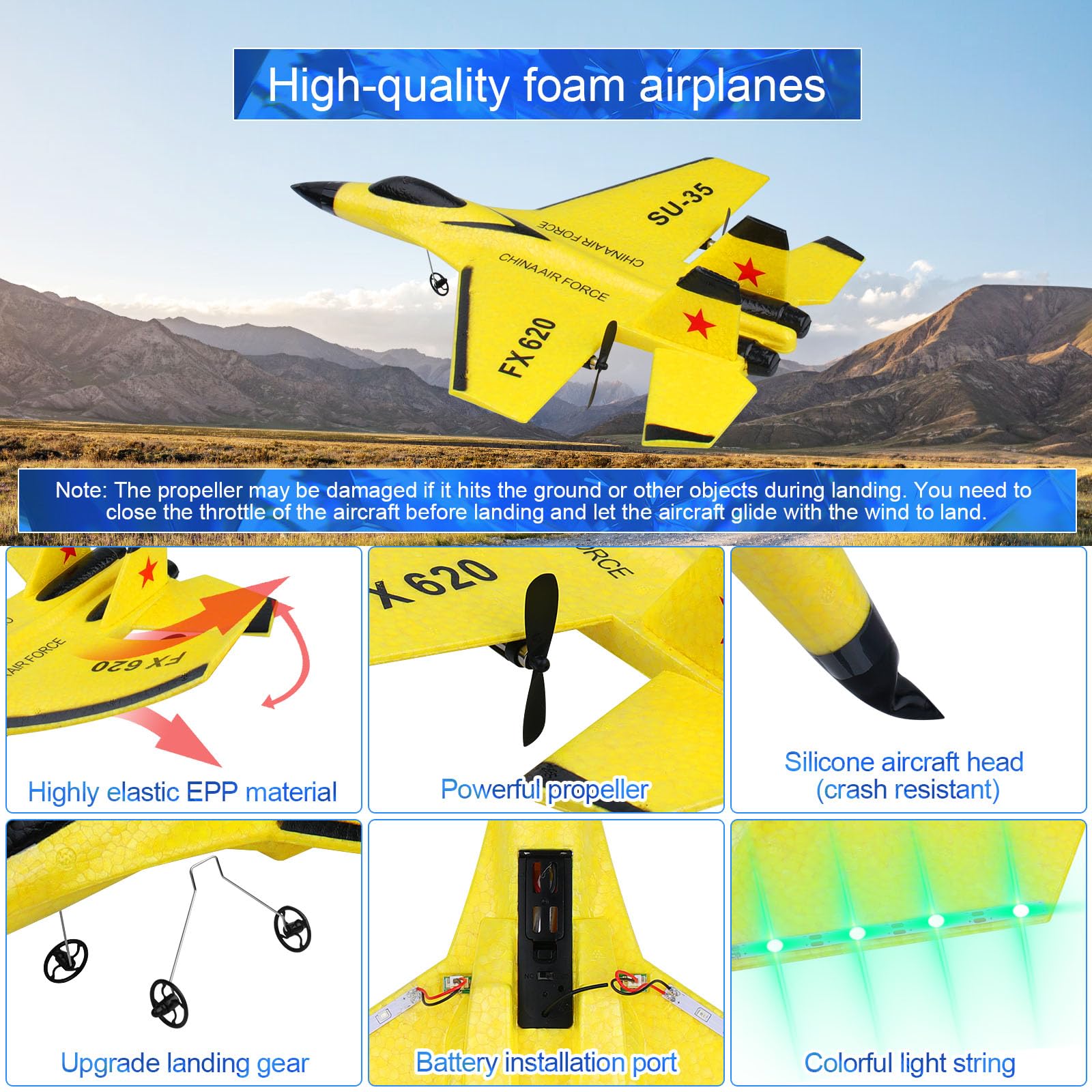 RC Airplane 2CH RC Plane Ready to Fly 2.4GHz Remote Control Plane SU35 RC Jet Easy to Fly Airplane Toys for Boys Gift for Kids Beginners with Night Lights USB Charging(Yellow