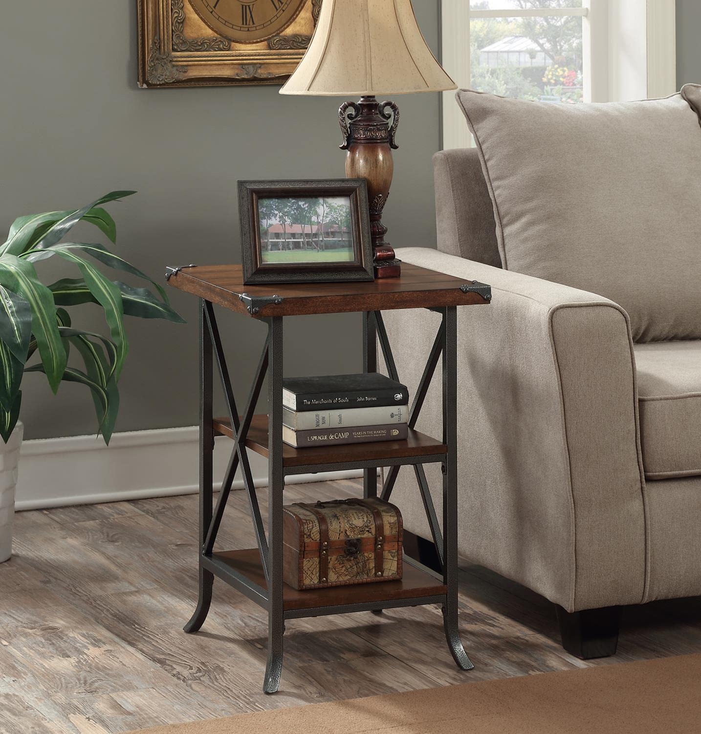 Convenience Concepts Brookline End Table, Dark Walnut / Slate Gray Frame