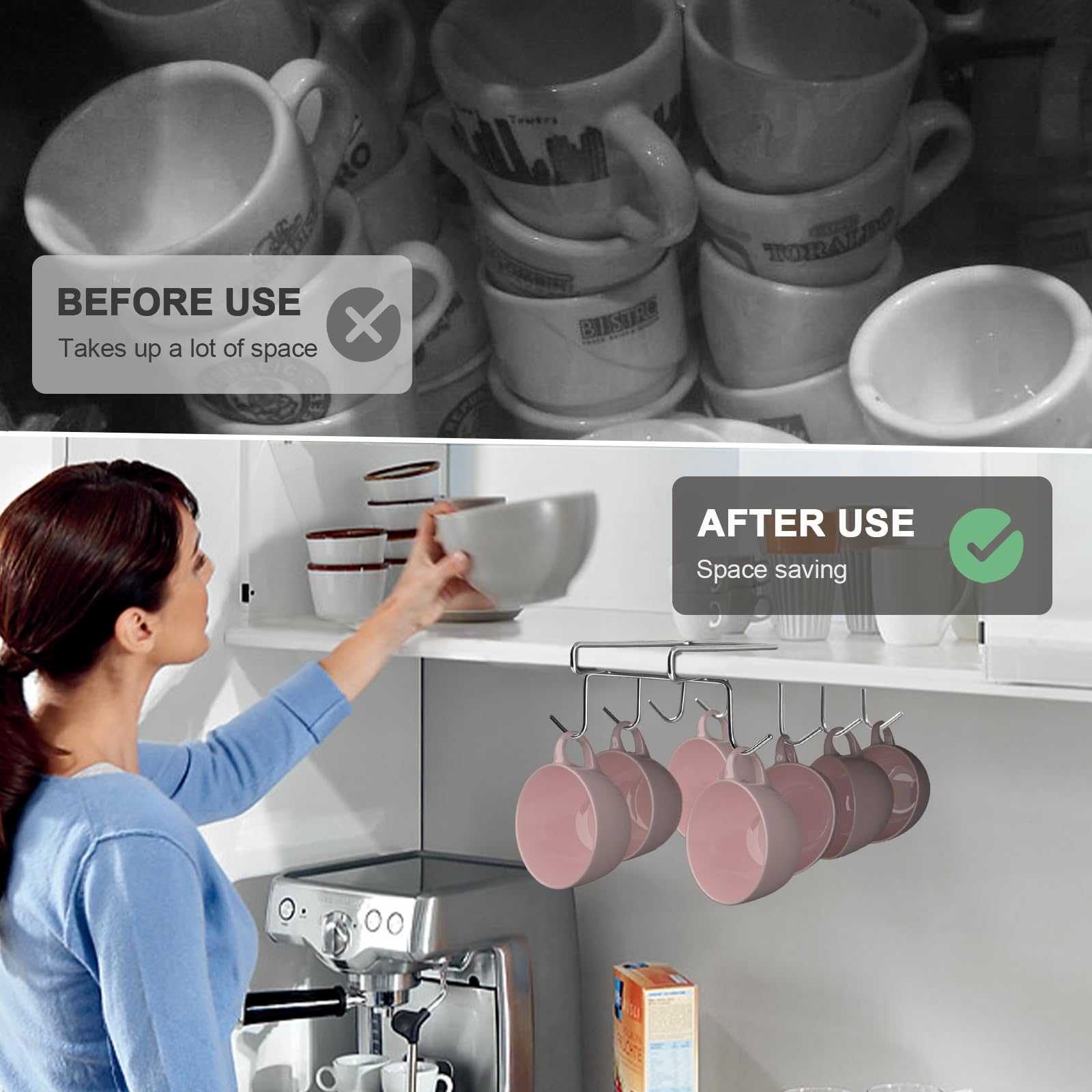 Fashionclubs Stainless Steel 8 Hook Under Shelf Mugs Cups Wine Glasses Storage Hanging Drying Holder Rack