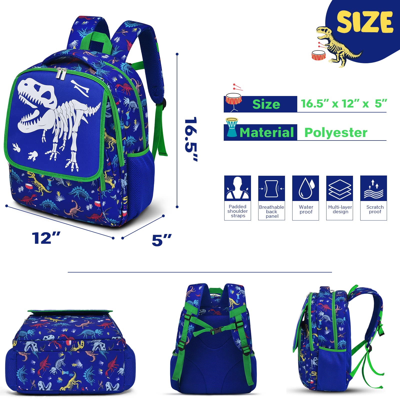 WERNNSAI Dinosaur Backpack - Luminous Dinosaur Fossils School Backpack for Kids Boys Book Bags Preschool Kindergarten Elementary 17β Schoolbag Hiking Travel Casual Backpack with Chest Strap