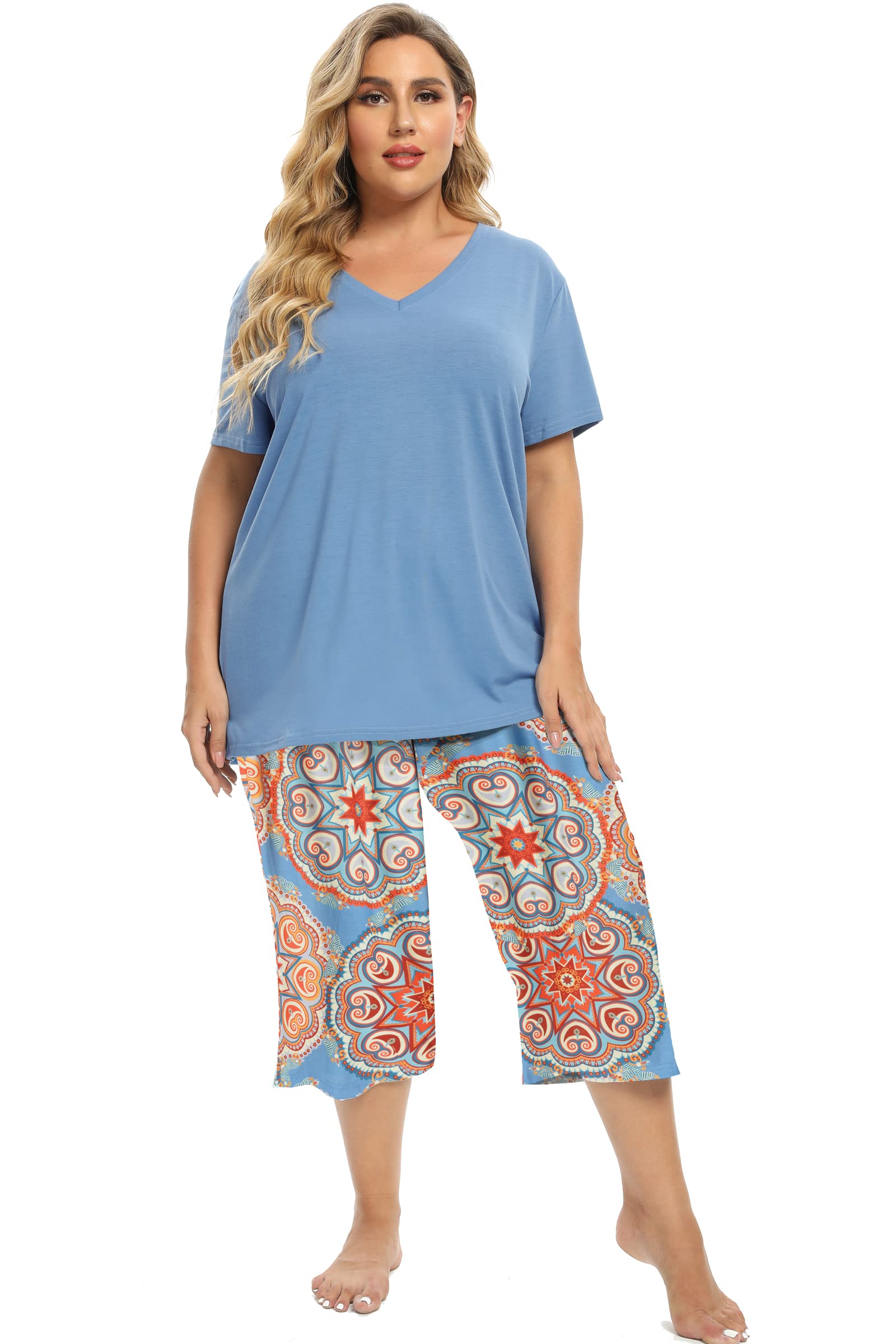 Vozanet Women's V Neck Sexy Pajamas Capri Sets Mexican Style Floral Sleepwear 2PCS Totem Casual Nighty Plus Size M to 5XL, Bohemia, XXX-Large