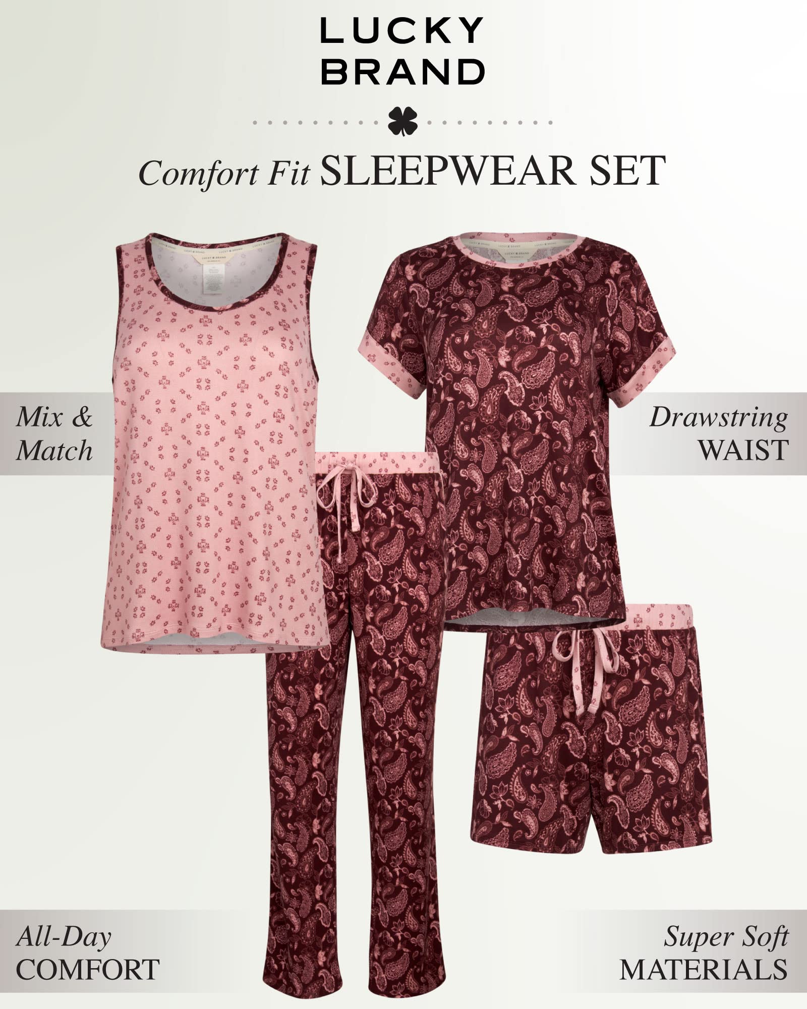Lucky Brand Women's Pajama Set - 4 Piece Short Sleeve Shirt, Tank Top, Sleep Pants, Lounge Shorts, Size Medium, Red