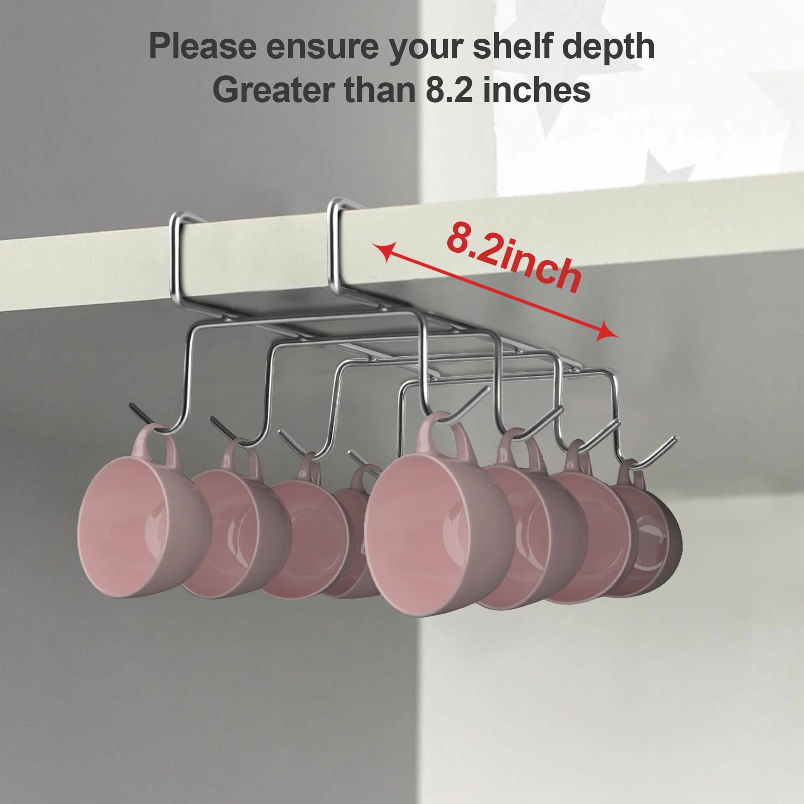 Fashionclubs Stainless Steel 8 Hook Under Shelf Mugs Cups Wine Glasses Storage Hanging Drying Holder Rack