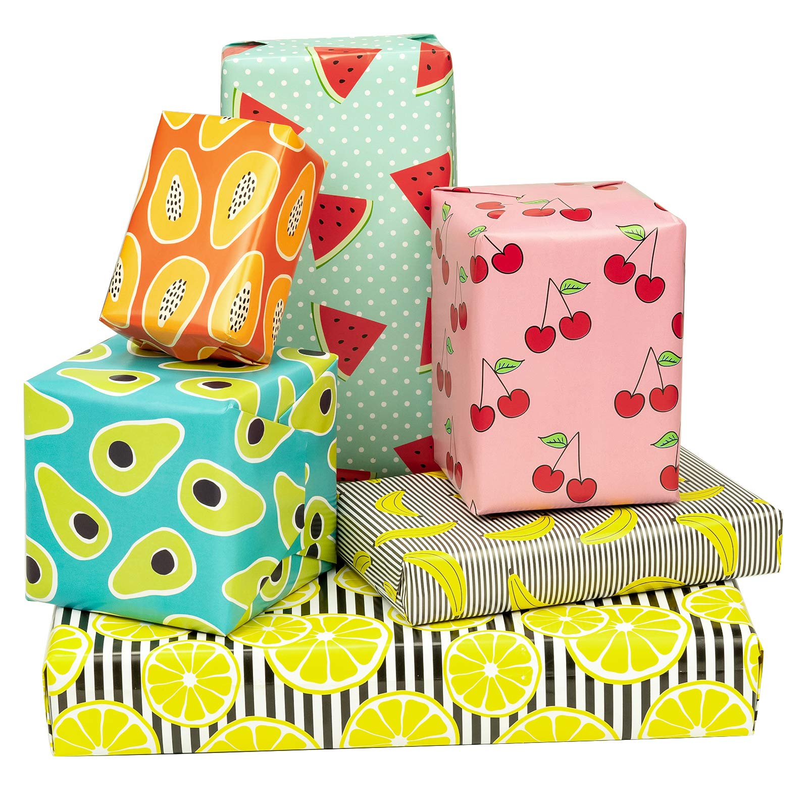 MAYPLUSS Wrapping Paper Large Sheet - Folded Flat - 6 Different Fruit Design (45.2 sq ft.ttl) - 27.5 inch X 39.4 inch Per Sheet