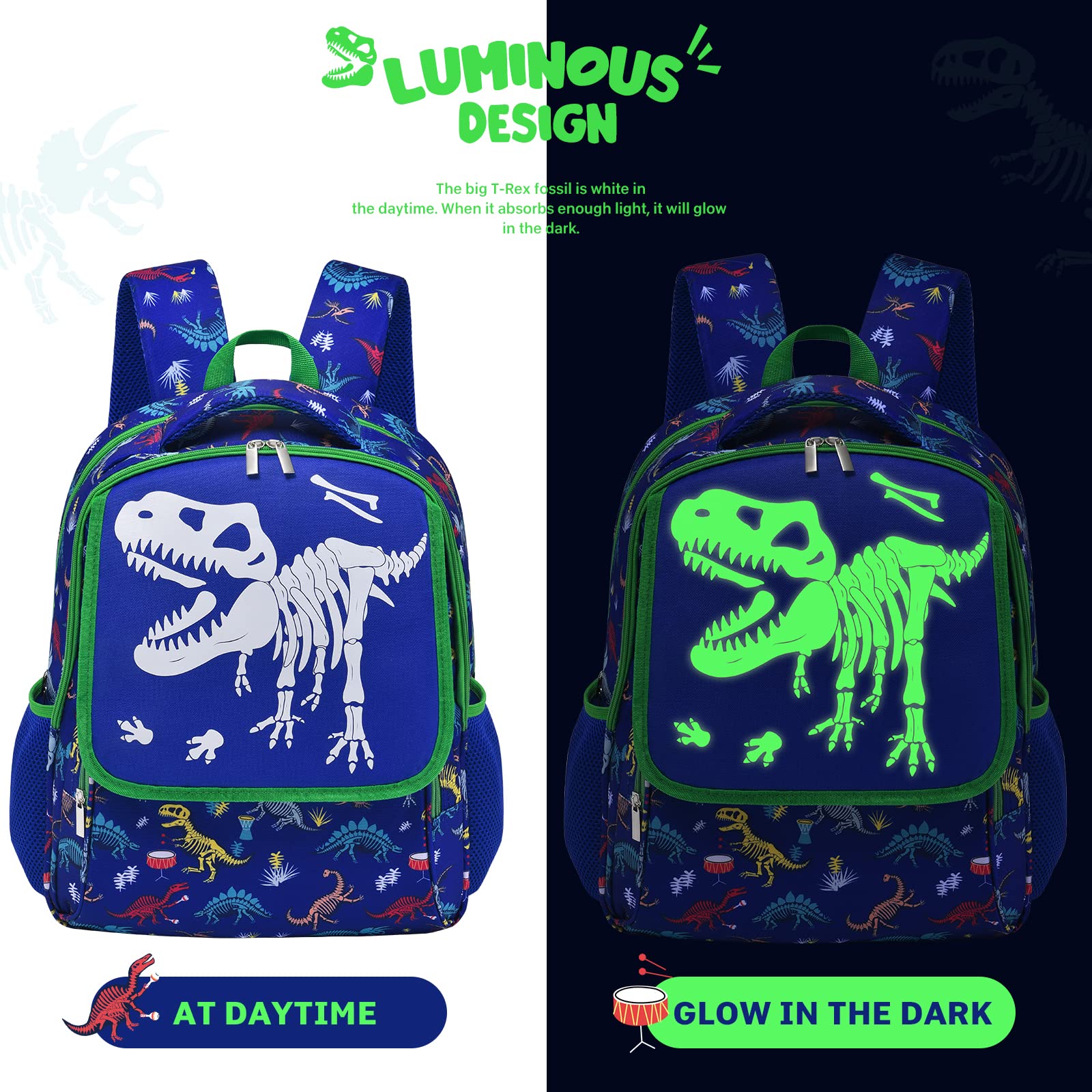WERNNSAI Dinosaur Backpack - Luminous Dinosaur Fossils School Backpack for Kids Boys Book Bags Preschool Kindergarten Elementary 17β Schoolbag Hiking Travel Casual Backpack with Chest Strap