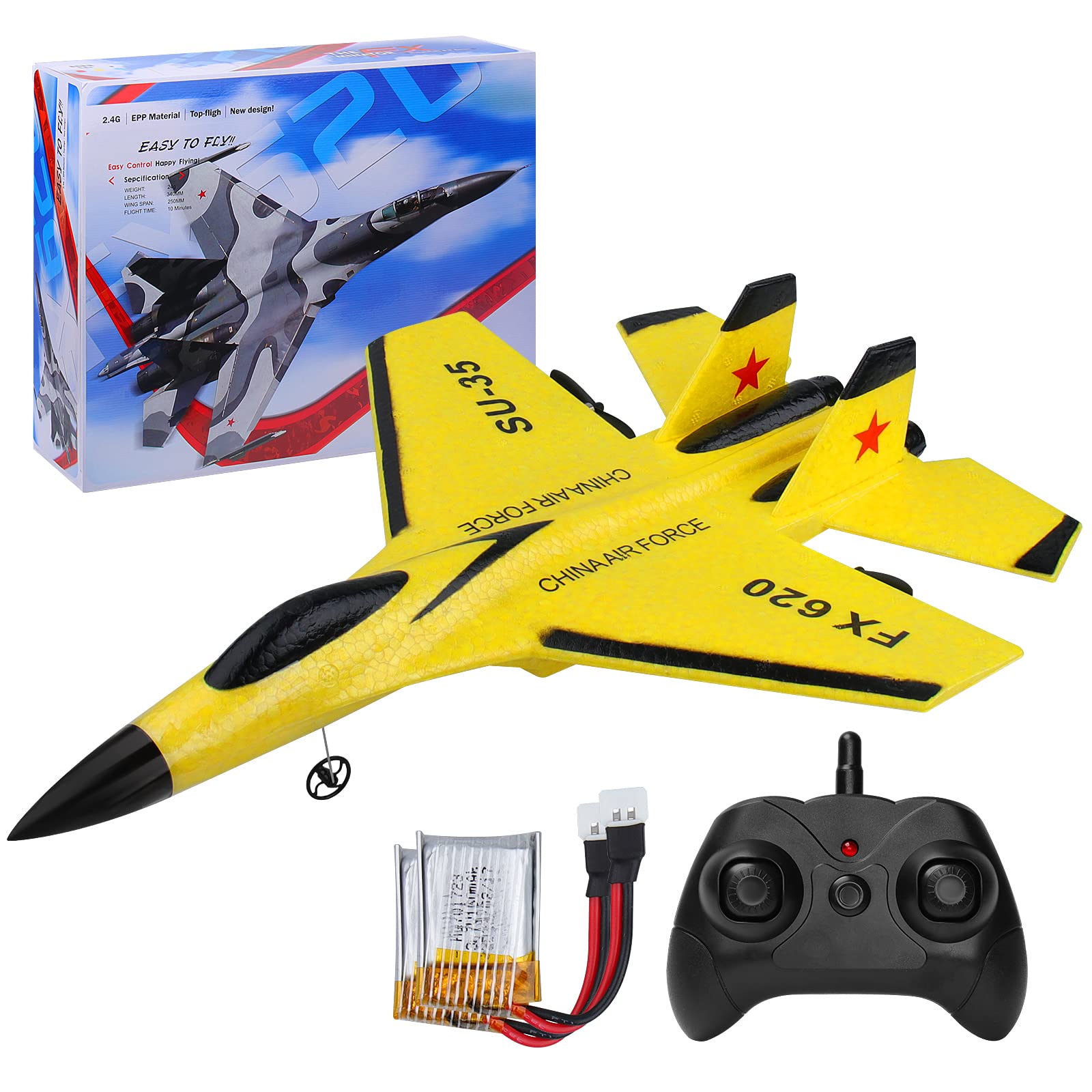 RC Airplane 2CH RC Plane Ready to Fly 2.4GHz Remote Control Plane SU35 RC Jet Easy to Fly Airplane Toys for Boys Gift for Kids Beginners with Night Lights USB Charging(Yellow