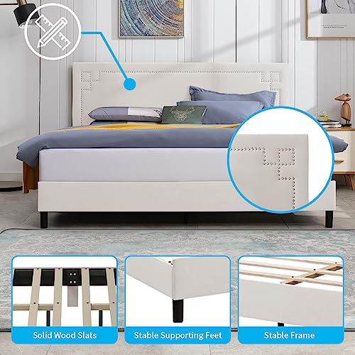 Mjkone Cal-King Bed Frame| Platform Bed Frame Upholstered Velvet Backrest | Adjustable Tufting Headboard Bed Frame with Solid Wood Slats Support Easy Assembly-Beige