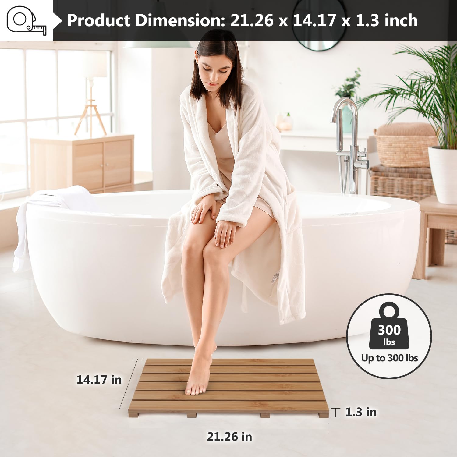 Domax Wooden Bamboo Bath Shower Mat- Non-Slip Waterproof Large Bathroom Floor Mat for Indoor Outdoor (Walnut, 21.26 x 14.17 x 1.3 Inches)