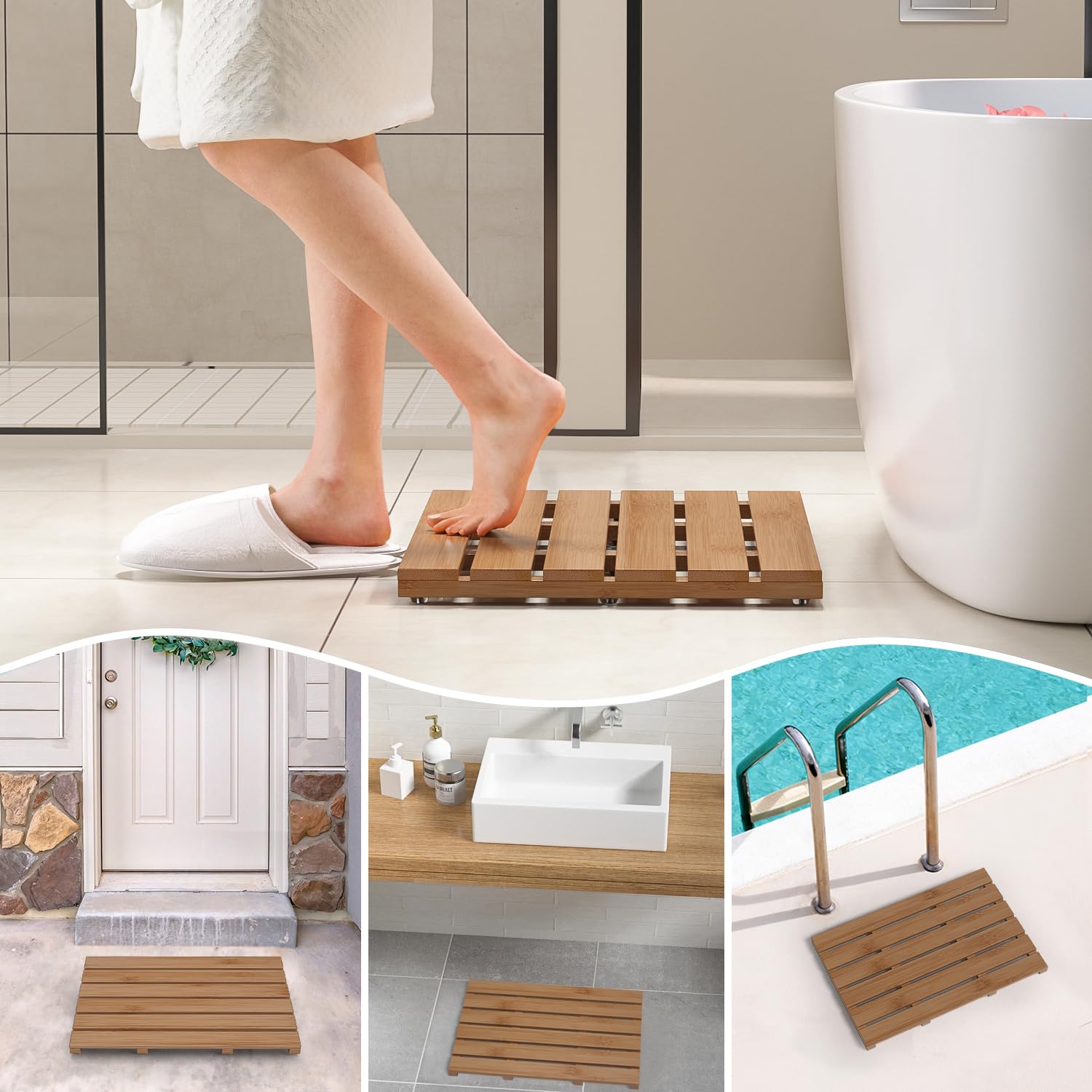 Domax Wooden Bamboo Bath Shower Mat- Non-Slip Waterproof Large Bathroom Floor Mat for Indoor Outdoor (Walnut, 21.26 x 14.17 x 1.3 Inches)