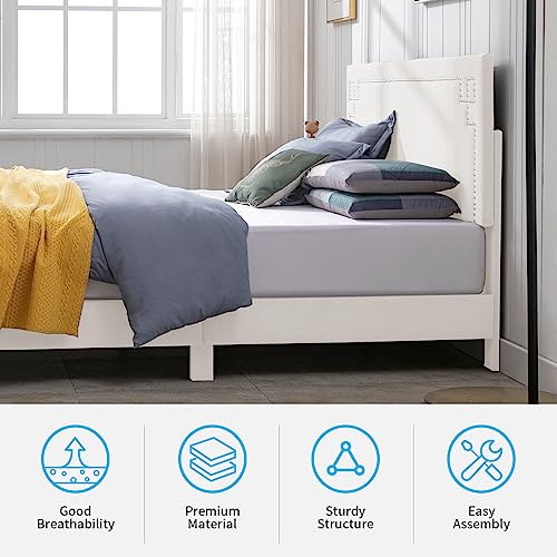 Mjkone Cal-King Bed Frame| Platform Bed Frame Upholstered Velvet Backrest | Adjustable Tufting Headboard Bed Frame with Solid Wood Slats Support Easy Assembly-Beige