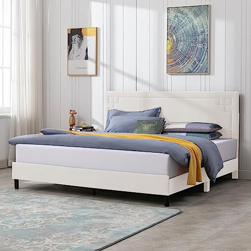 Mjkone Cal-King Bed Frame| Platform Bed Frame Upholstered Velvet Backrest | Adjustable Tufting Headboard Bed Frame with Solid Wood Slats Support Easy Assembly-Beige