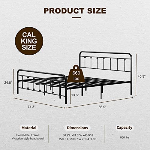 IKIFLY Metal California King Bed Frames with Headboard & Footboard - Strong Steel Slats - Mattress Foundation - Victorian Vintage Style - No Box Spring Needed - Black/Cal King