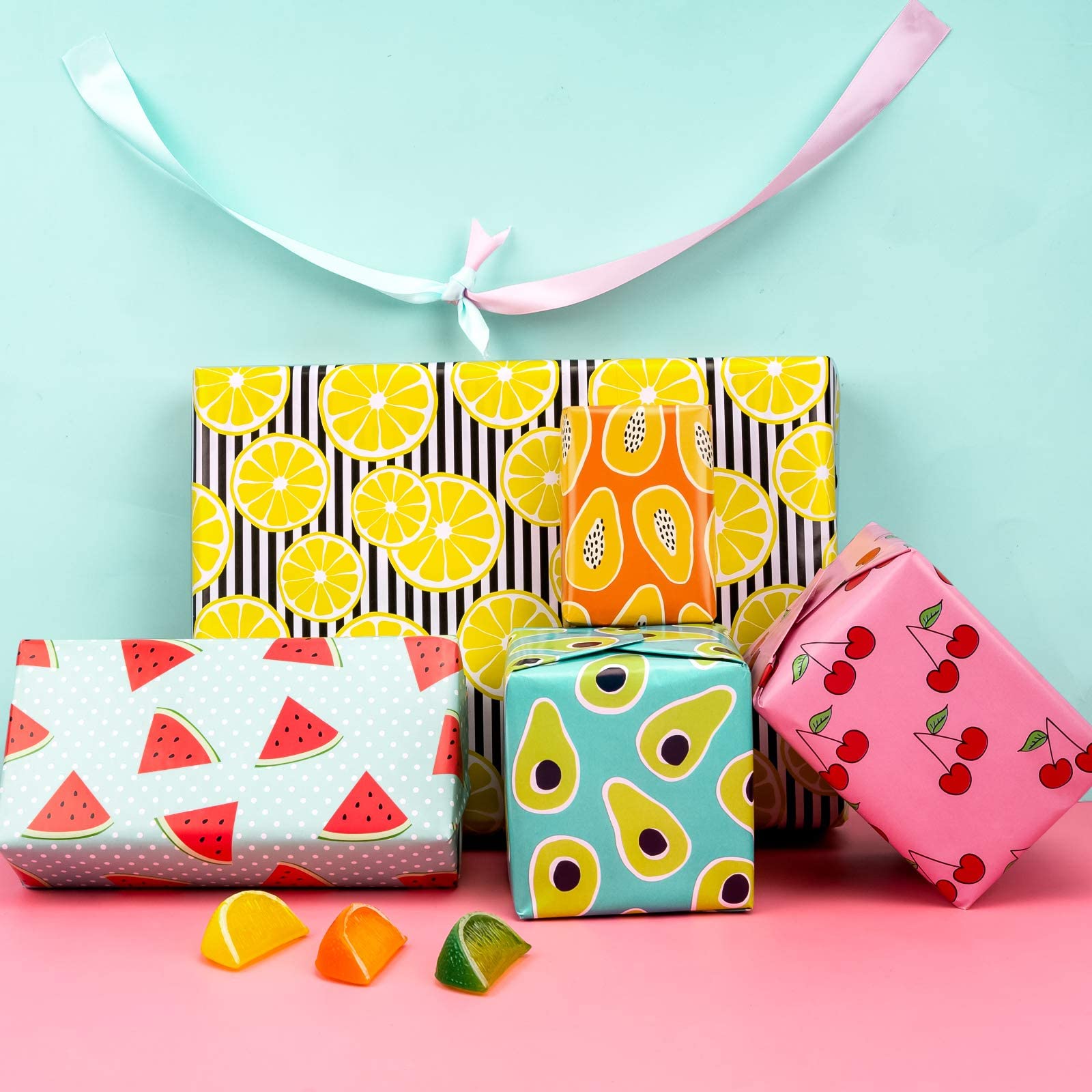 MAYPLUSS Wrapping Paper Large Sheet - Folded Flat - 6 Different Fruit Design (45.2 sq ft.ttl) - 27.5 inch X 39.4 inch Per Sheet