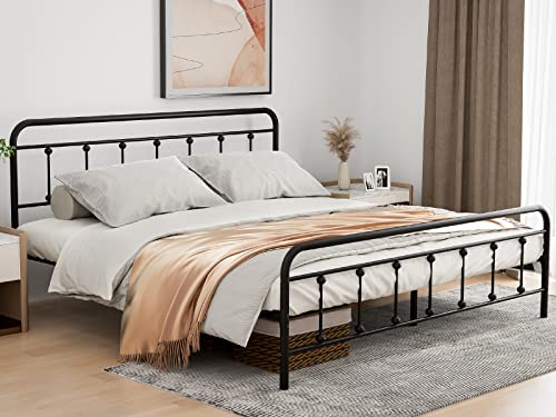 IKIFLY Metal California King Bed Frames with Headboard & Footboard - Strong Steel Slats - Mattress Foundation - Victorian Vintage Style - No Box Spring Needed - Black/Cal King