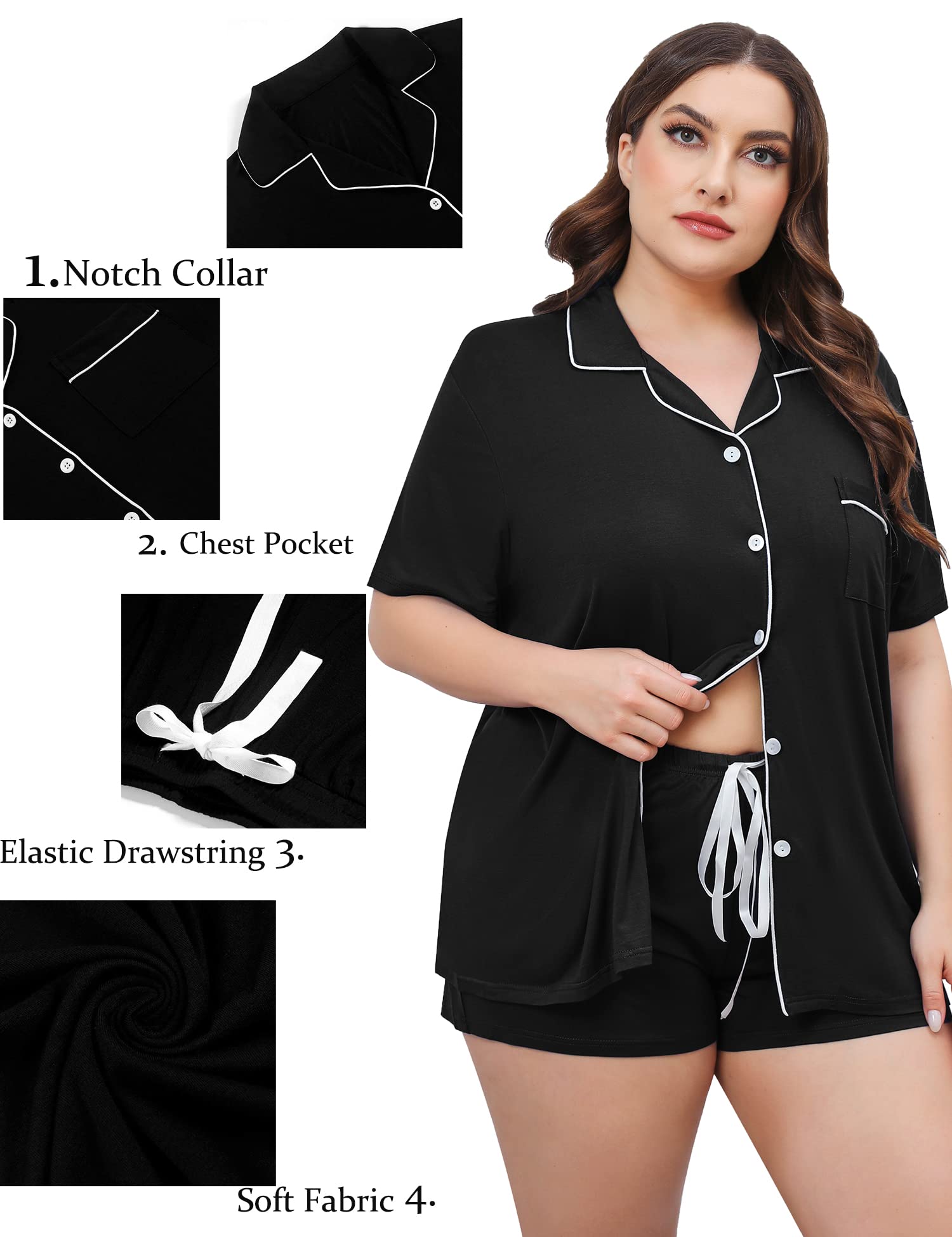 SWOMOG Women's Plus Size Pajamas Set Button Down Tops Short Sleeve Sleepwear Soft Pajama Shorts 2 Pcs Lounge Sets With Pocket Black