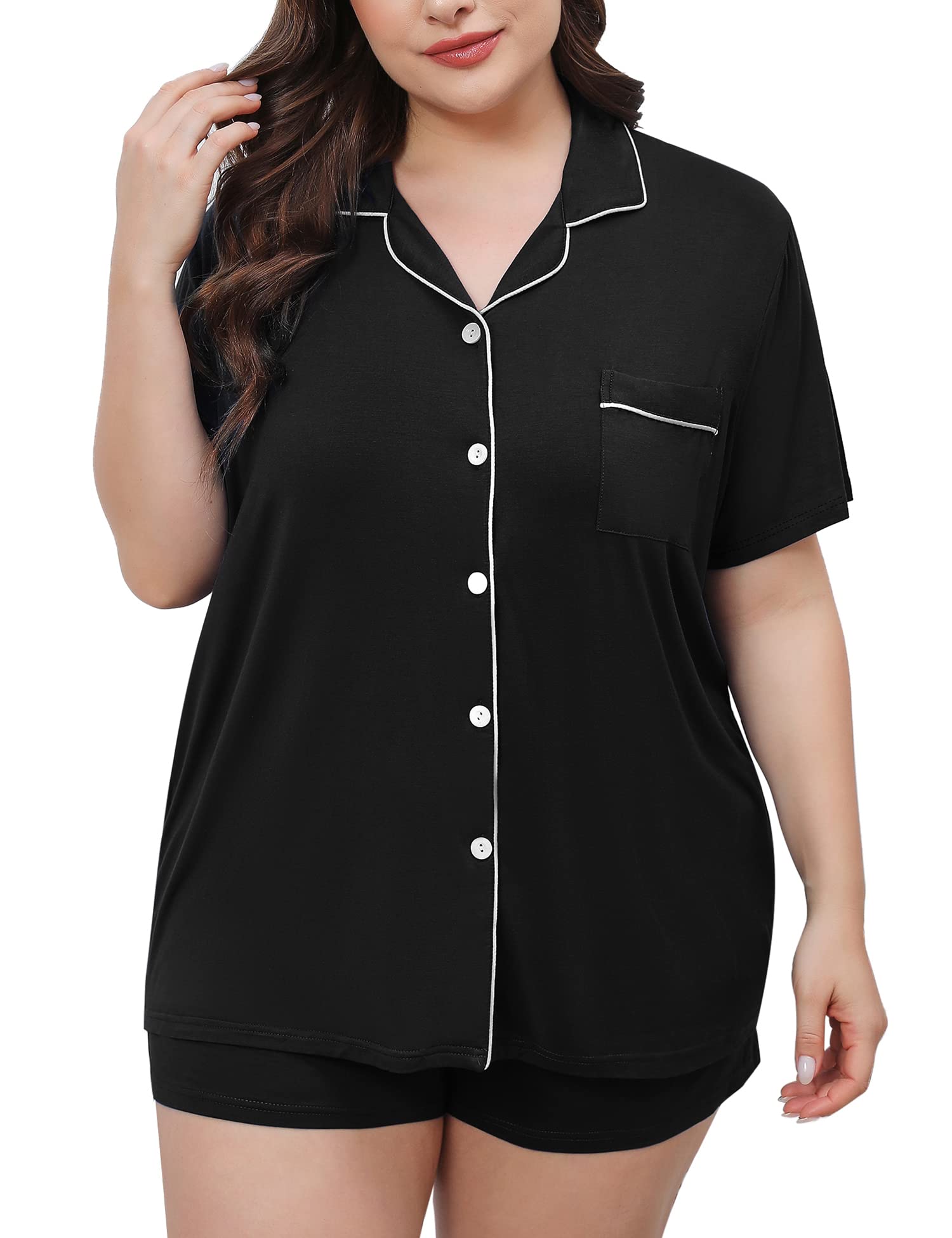 SWOMOG Women's Plus Size Pajamas Set Button Down Tops Short Sleeve Sleepwear Soft Pajama Shorts 2 Pcs Lounge Sets With Pocket Black