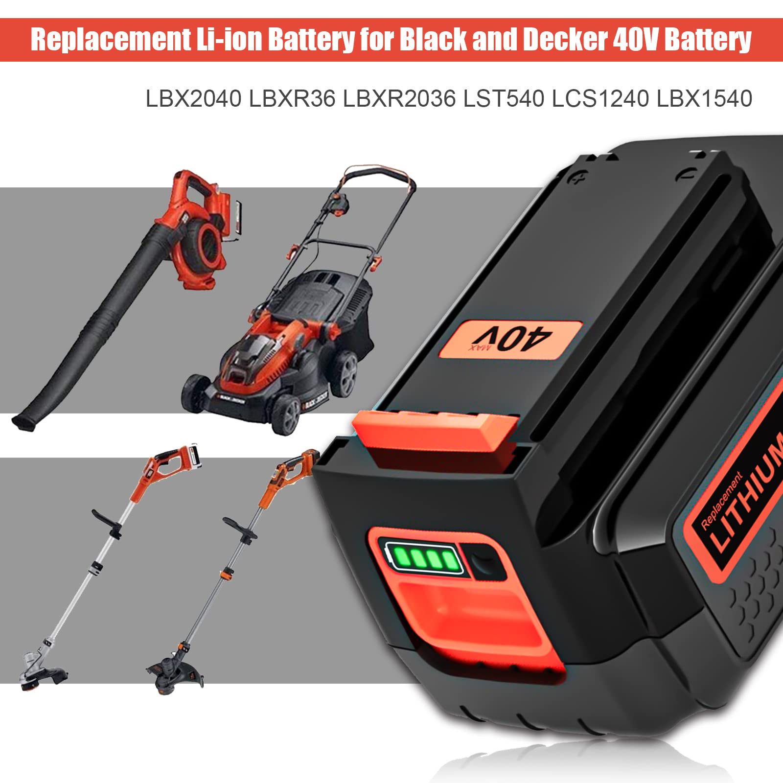 40V 3.0Ah Replacement Battery for Black and Decker 40V Battery LBX2040 LBXR36 LBXR2036 LST540 LCS1240 LBX1540 LST136W Compatible with Black Decker 40V String Trimmer Mower Tools(Orange)