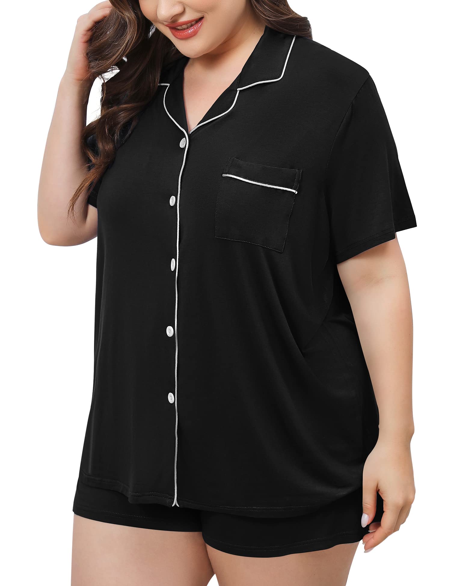 SWOMOG Women's Plus Size Pajamas Set Button Down Tops Short Sleeve Sleepwear Soft Pajama Shorts 2 Pcs Lounge Sets With Pocket Black