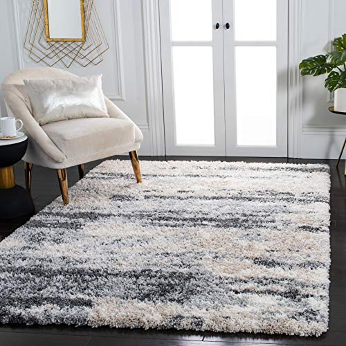 SAFAVIEH Fontana Shag Collection 6'7" x 9' Grey/Ivory FNT853G Modern Non-Shedding Living Room Bedroom Dining Room Entryway Plush 2-inch Thick Area Rug