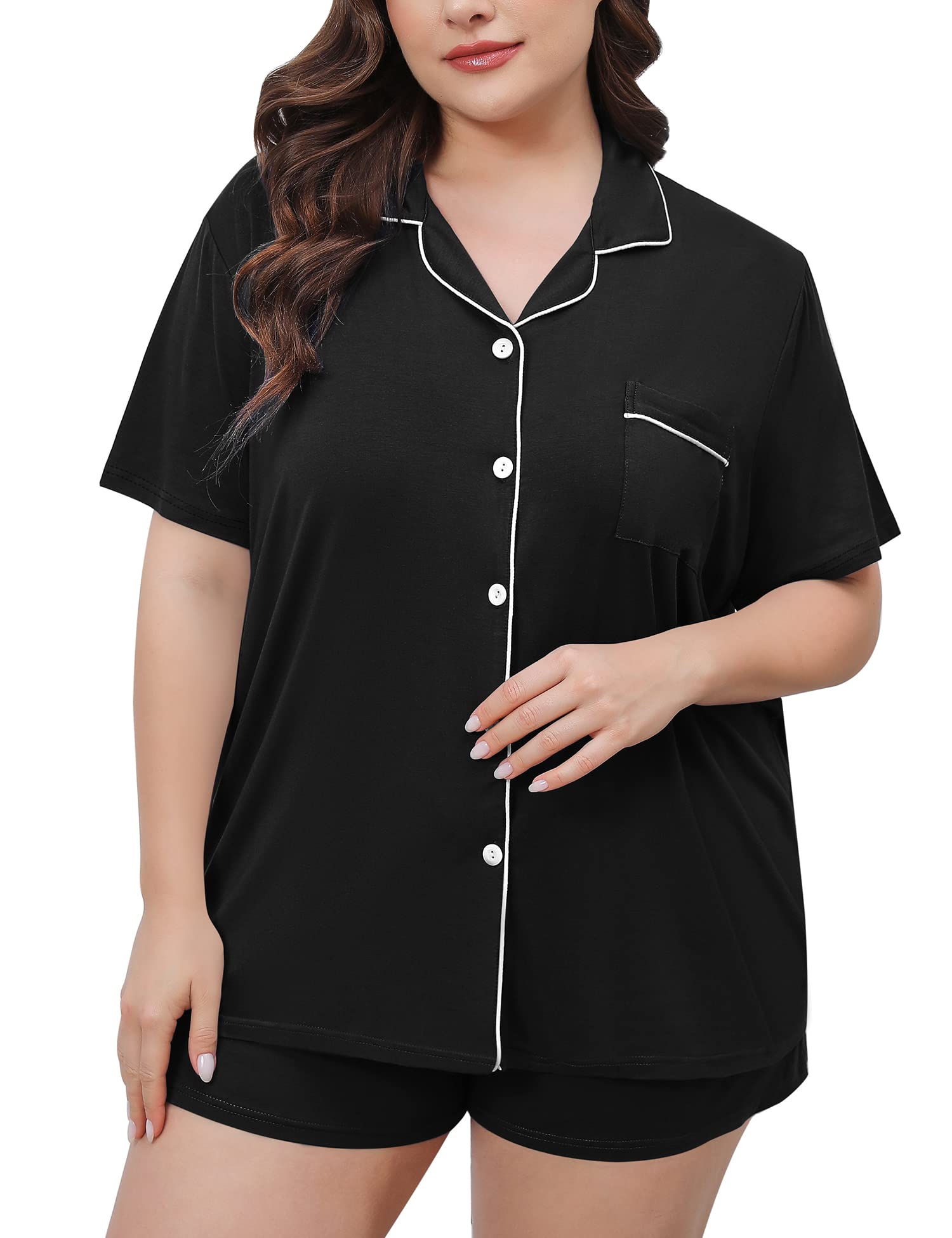 SWOMOG Women's Plus Size Pajamas Set Button Down Tops Short Sleeve Sleepwear Soft Pajama Shorts 2 Pcs Lounge Sets With Pocket Black