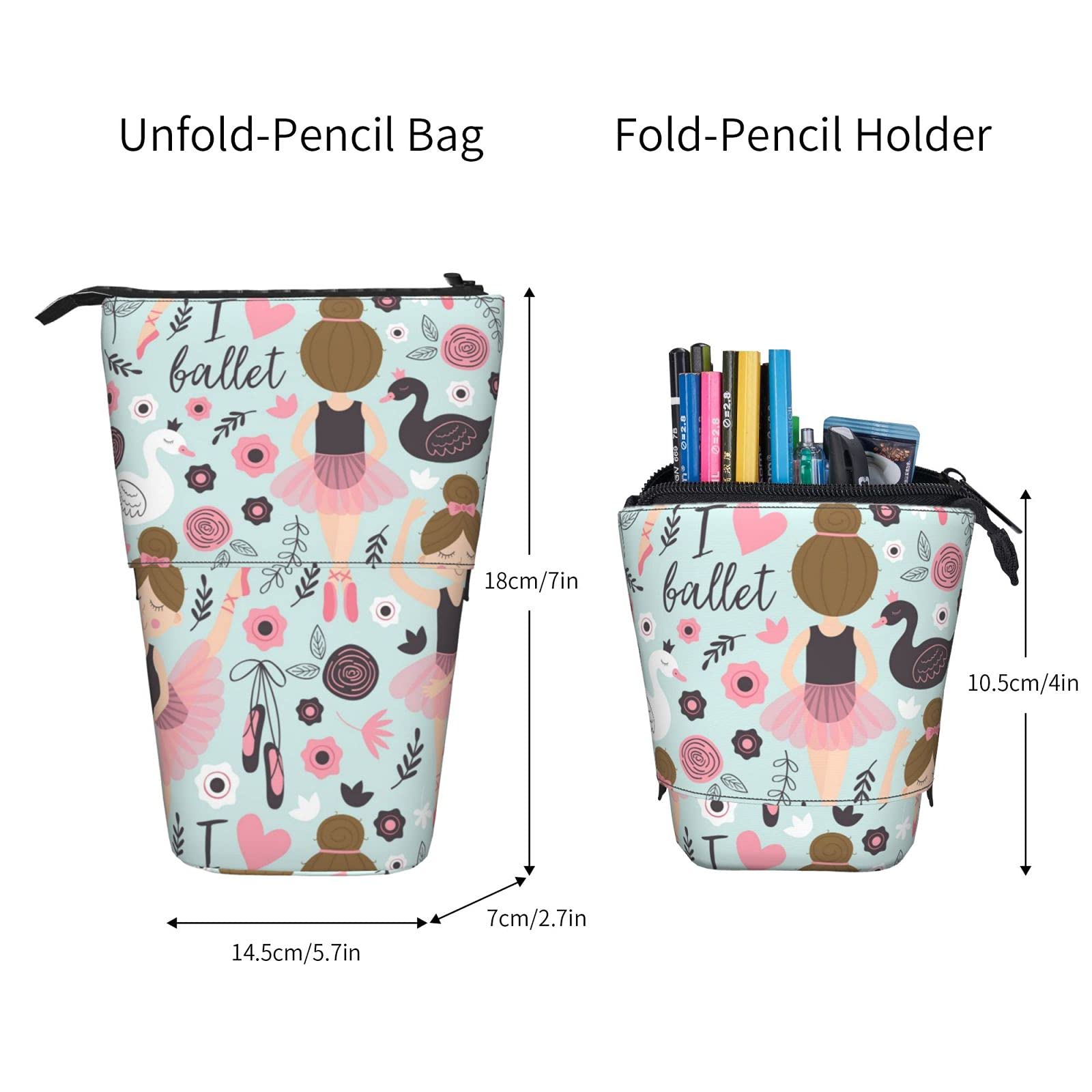 Gocerktr Adorable Ballet Girl Pencil Telescopic Holder Storage, Office Standing Stationery Bag with Zipper, Organizer Pouch for Women Man