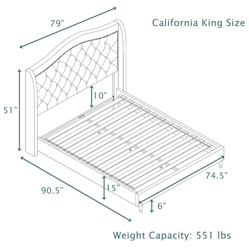 Morden Fort Velvet Bed Frame California King Bed Frame with Headboard Upholstered Wood Platform with 51” Headboard, Heavy Duty Bed Frame with Wood Slat Support, No Box Spring Needed, Beige