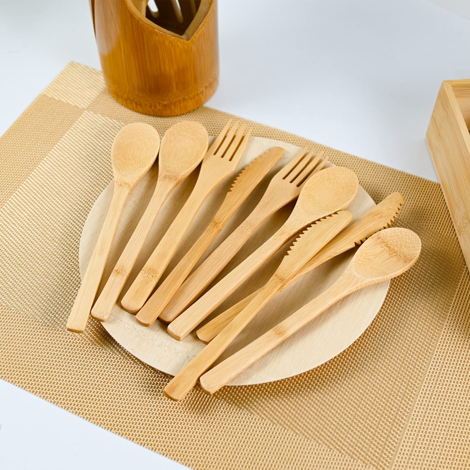 Bamboo Cutlery Reusable with Silverware Organizer, 16Pcs Bamboo Flatware Set with Bamboo Forks Spoons Knives, Reusable Bamboo Cutlery with Portable Storage Case for Home and Travel Camping Hiking
