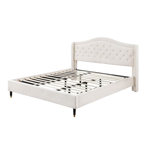 Morden Fort Velvet Bed Frame California King Bed Frame with Headboard Upholstered Wood Platform with 51” Headboard, Heavy Duty Bed Frame with Wood Slat Support, No Box Spring Needed, Beige