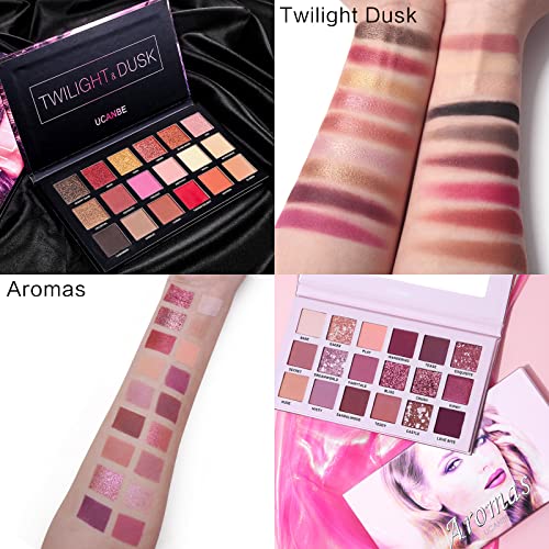 2Pcs UCANBE Twilight Dusk + Aromas Nude Eyeshadow Palette Makeup Set, Matte Shimmer Glitter Pressed Pearl All Highly Pigmented Blending Powder, Natural Velvet Texture Eye Shadow Kit