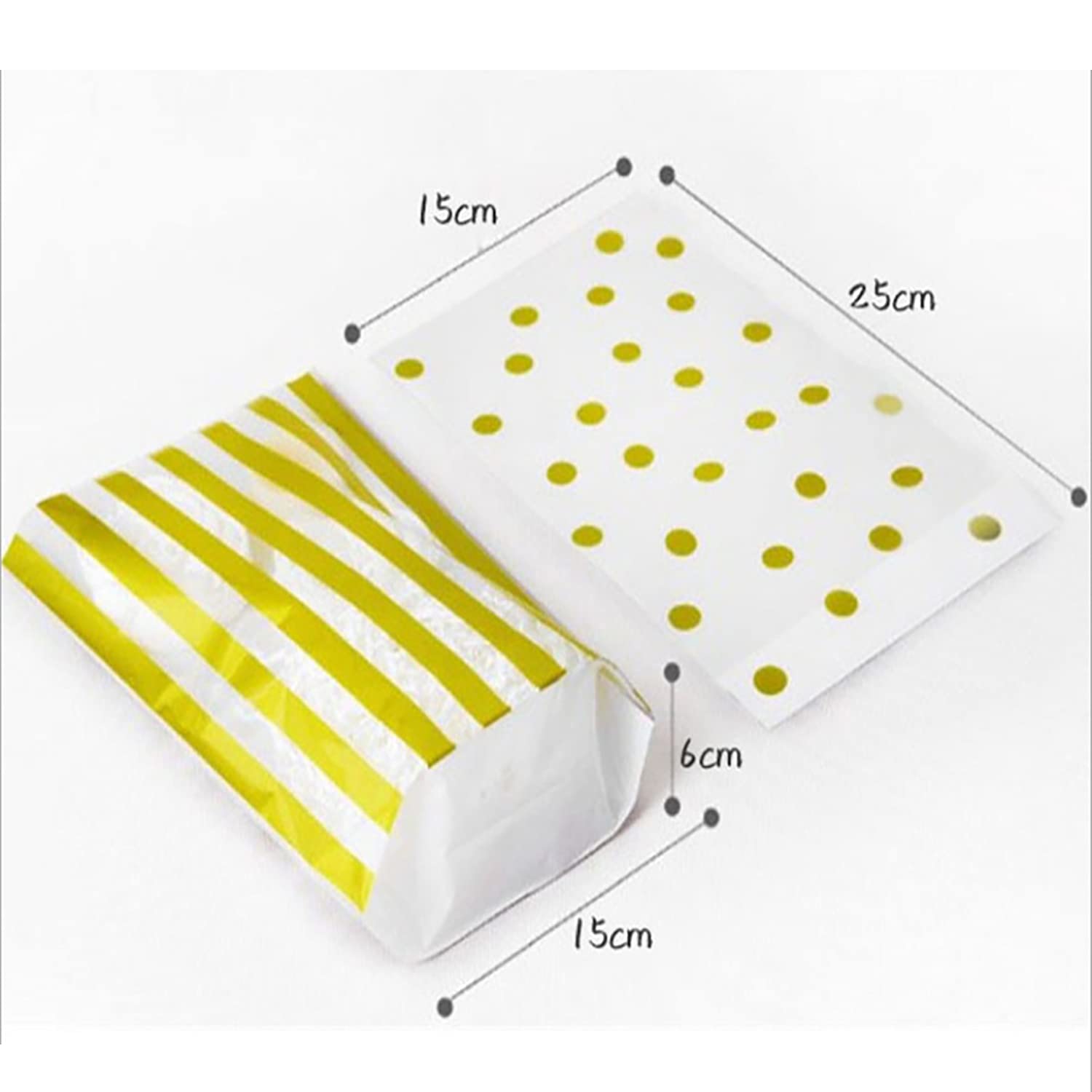 HOPEMT (200 pcs)100 pcs Gold Stripes Translucent Plastic Bags/Cellophane Bags with 100 pcs Gold Twist Ties for Cookie,Cake,Chocolate,Candy,Snack Wrapping Good for Bakery Party