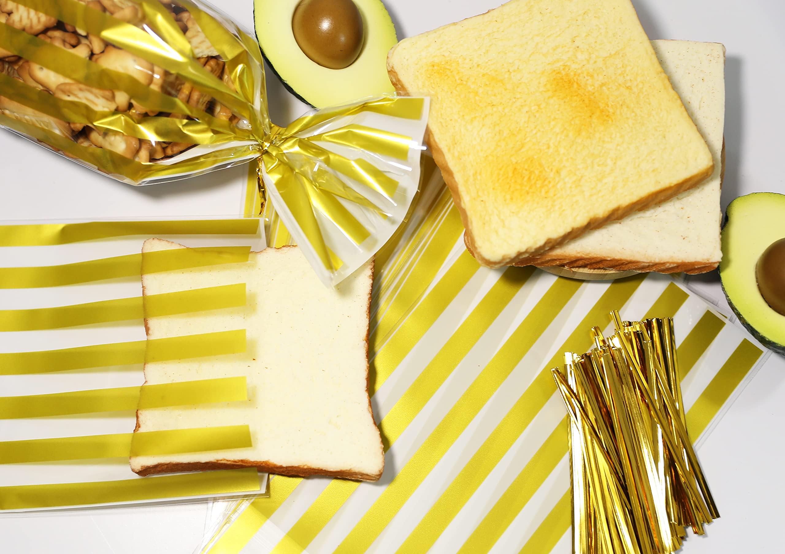 HOPEMT (200 pcs)100 pcs Gold Stripes Translucent Plastic Bags/Cellophane Bags with 100 pcs Gold Twist Ties for Cookie,Cake,Chocolate,Candy,Snack Wrapping Good for Bakery Party