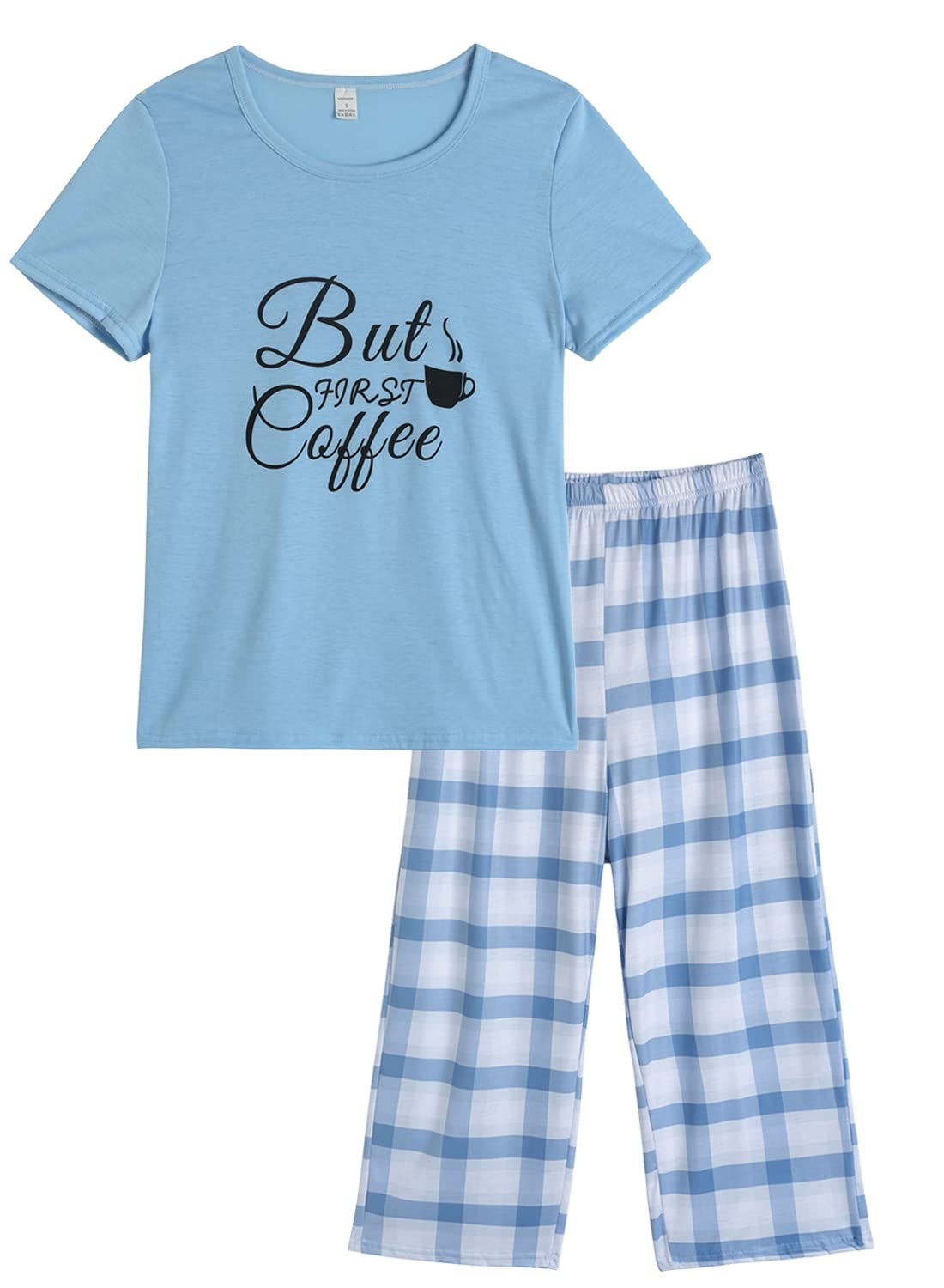 YIJIU Women's Capri Pajama Sets Summer Letter Coffee Print Short Sleeve Sleepwear Pjs Sets,Blue Plaid,XXL