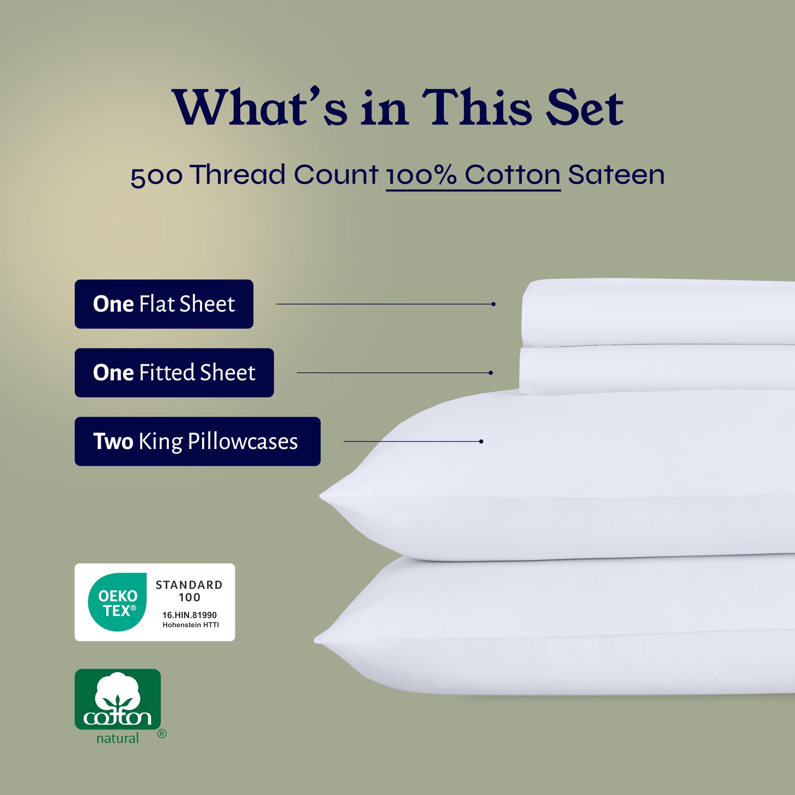 California Design Den 100% Cotton Sheets King Size Set - Cooling 500 Thread Count Sateen, Deep Pockets with All Around Elastic for a, Durable Bedding Set - White Sheets