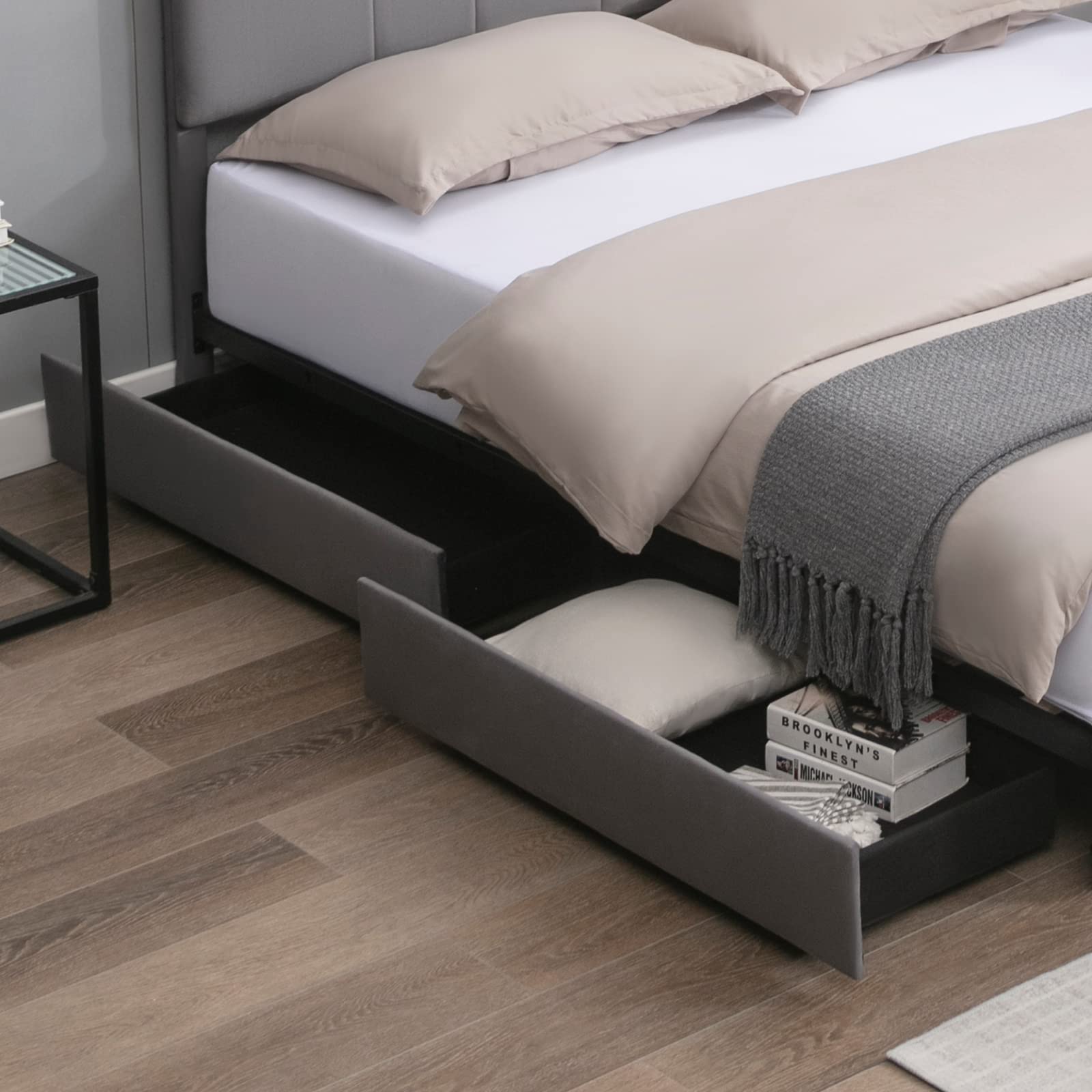 Platform Full Size Bed Frame with 4 Storage Drawers,Upholstered Full Bed Frame with Velvet Tufted Headboard Adjustable,Solid Wooden Slat Support,No Box Spring Needed,Dark Grey