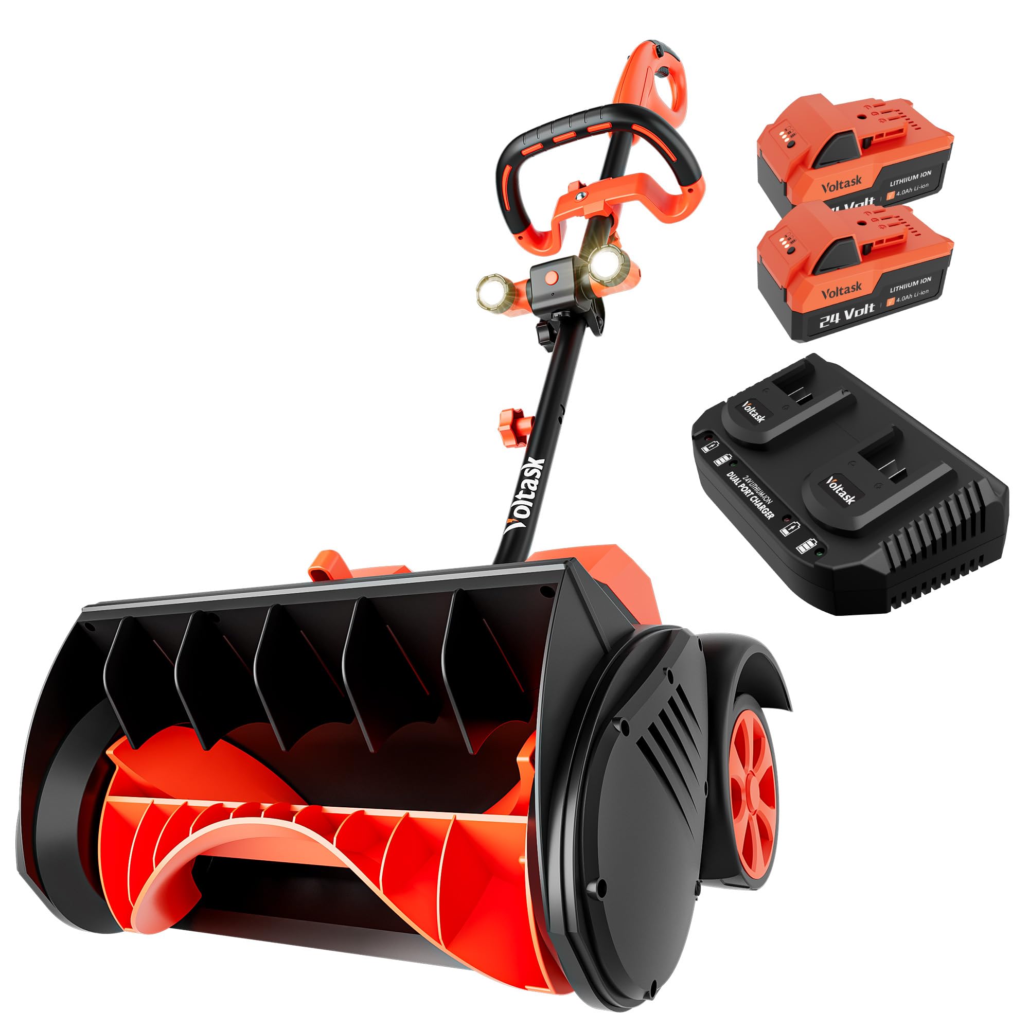 VOLTASK Cordless Snow Shovel with Wheels, 48V | 16-Inch | 4-Ah Brushless Cordless Snow Blower, Battery Snow Blower with Directional Plate & LED Lights (2 * 24V Battery & Dual Quick Charger Included)
