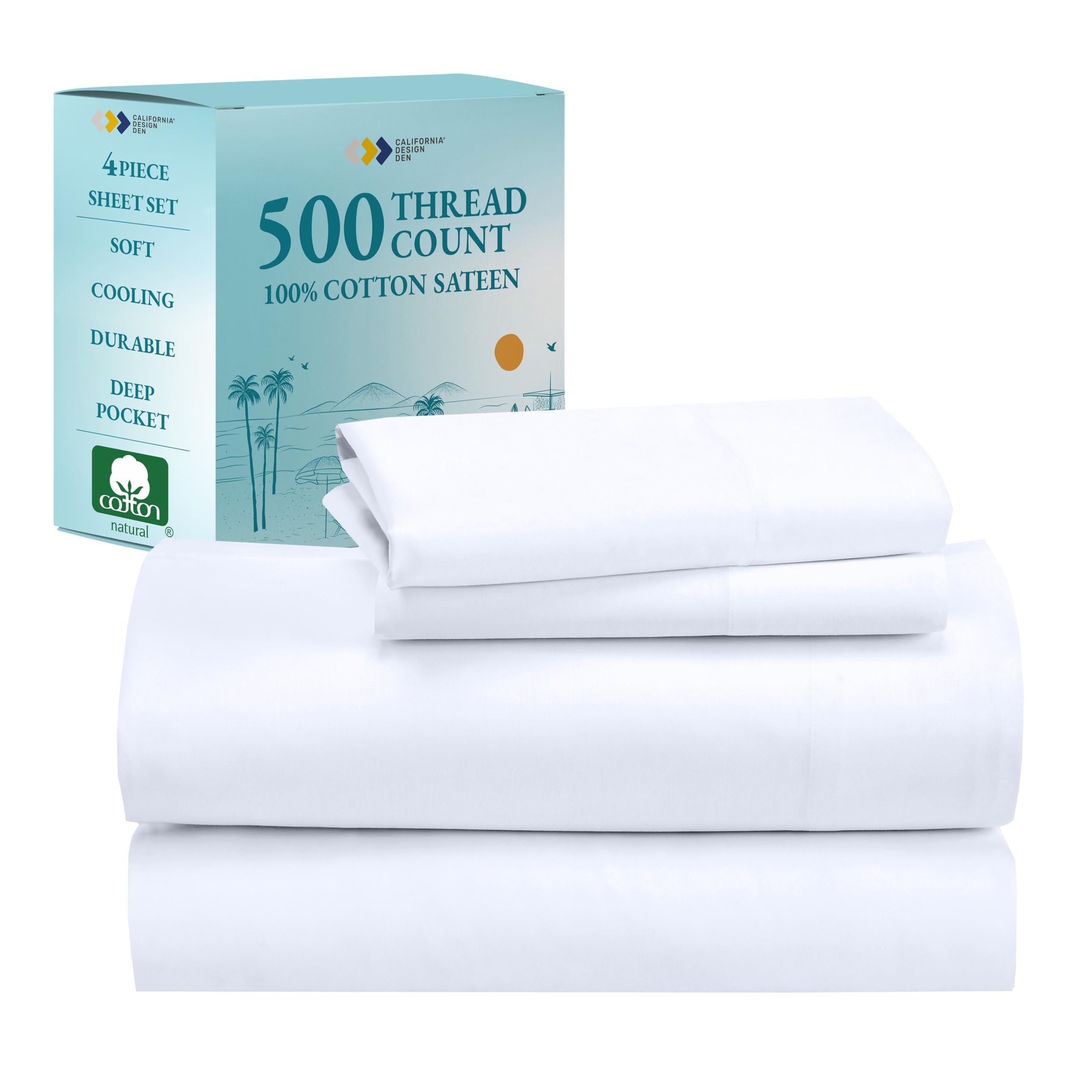 California Design Den 100% Cotton Sheets King Size Set - Cooling 500 Thread Count Sateen, Deep Pockets with All Around Elastic for a, Durable Bedding Set - White Sheets