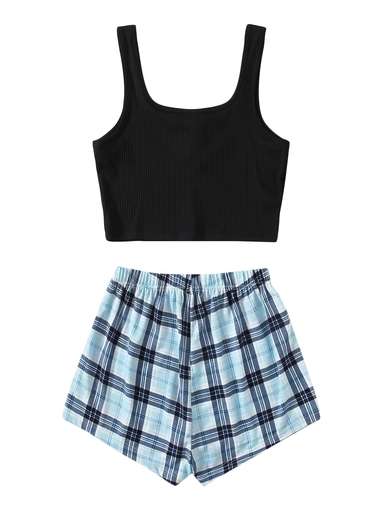 Verdusa Women's 2 Piece Outfits Crop Tank Top and Plaid Shorts Cute Loungewear Pajama Set Black Blue L