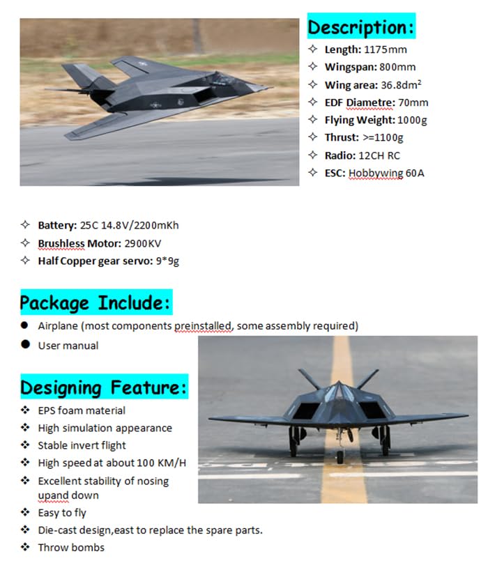 Sky Flight Hobby/Lanxiang/LX 70mm EDF Jets F117 Nighthawk PNP/ARF RC Flighter Plane