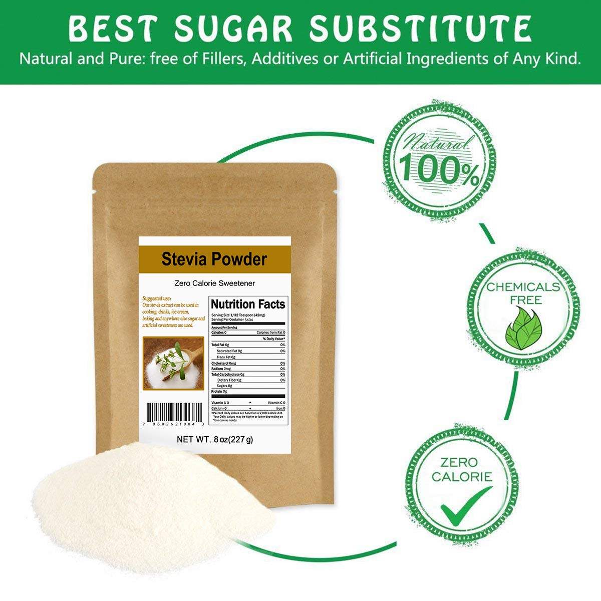 CCnature Stevia Powder Extract Natural Sweetener Zero Calorie Sugar Substitute 8 oz