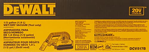 DEWALT 20V MAX Cordless Vacuum, Wet/Dry, Portable, 1/2-Gallon, Tool Only (DCV517B) , Black