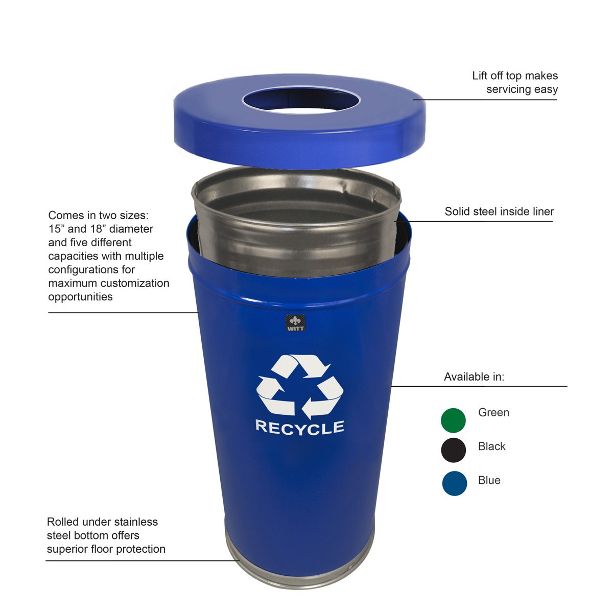 Witt Industries 15RTBL-1H Steel 24-Gallon 1 Opening Recycling Container with 1 Metal Liner, Legend "Recycle", Round, 15" Diameter x 32" Height, Blue