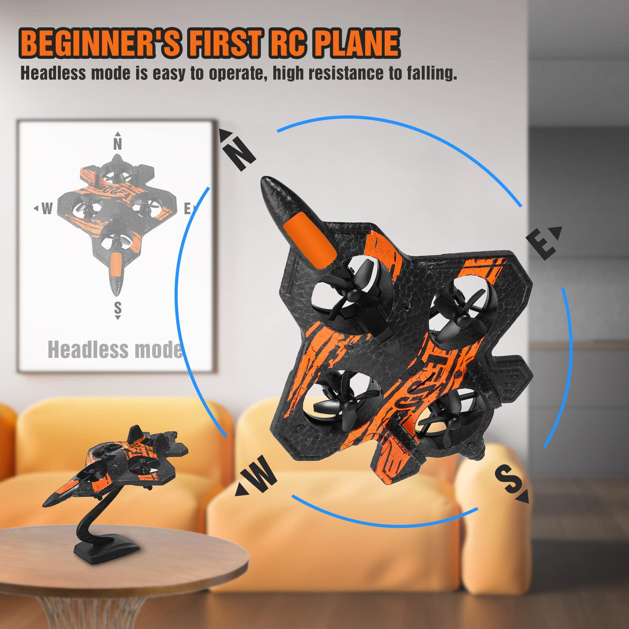 Remote Control Airplane for Beginners, 2.4GHz V17 Jet Fighter Stunt RC Airplanes, ABS, 3D Flip, Stunt Roll, Cool Light, 2 Batteries, RC Planes for Kids 8-12, Orange