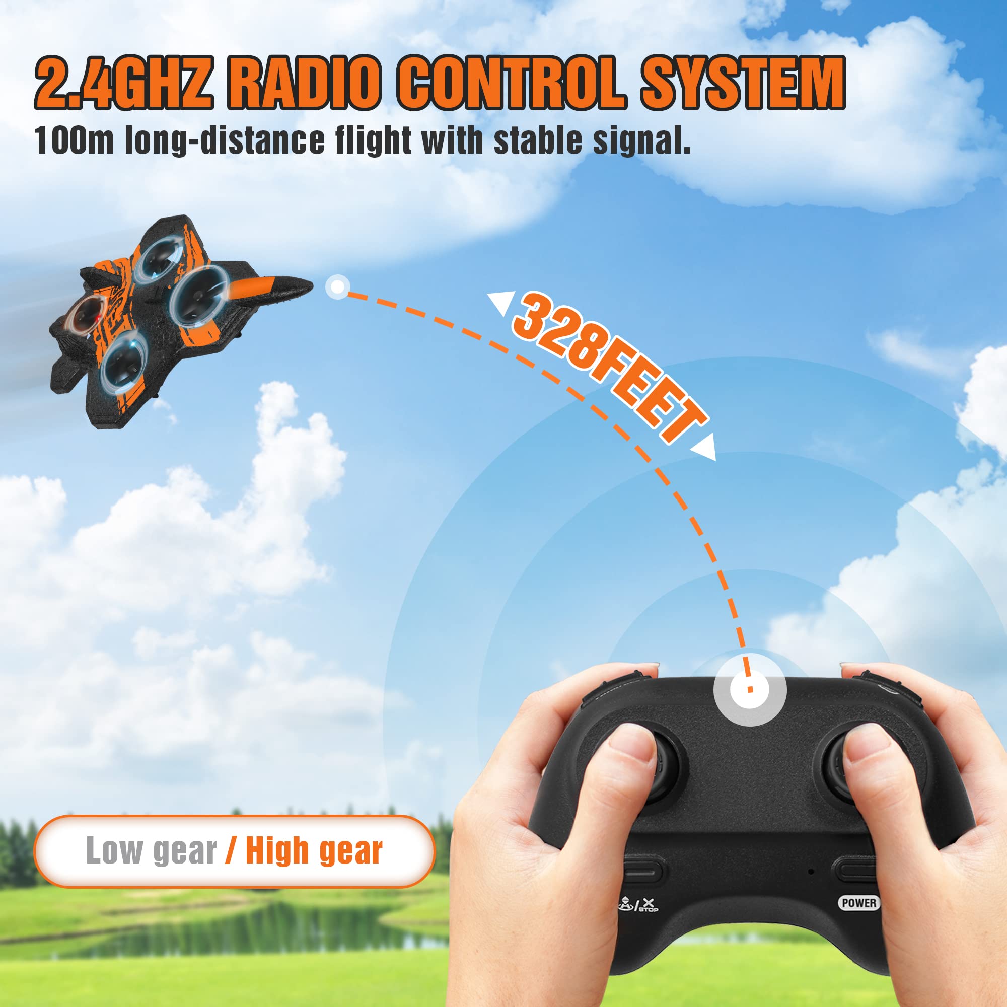 Remote Control Airplane for Beginners, 2.4GHz V17 Jet Fighter Stunt RC Airplanes, ABS, 3D Flip, Stunt Roll, Cool Light, 2 Batteries, RC Planes for Kids 8-12, Orange